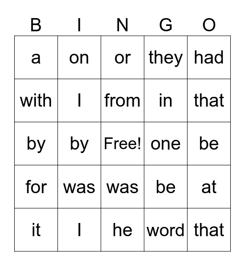 Sight Word Bingo Card