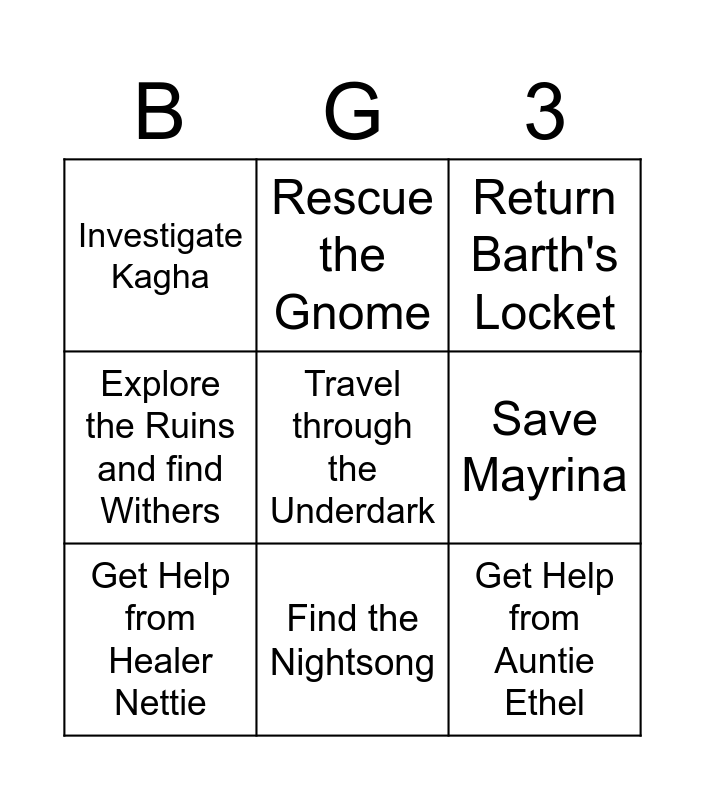 Baldur's Gate III Bingo Card
