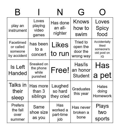 Get to Know Each Other Bingo Card