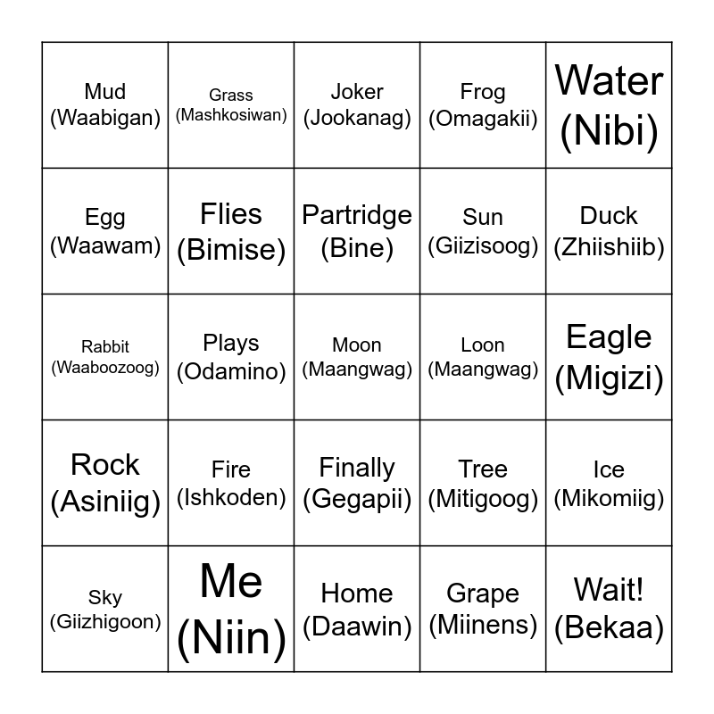 Ojibwe Words Bingo Card
