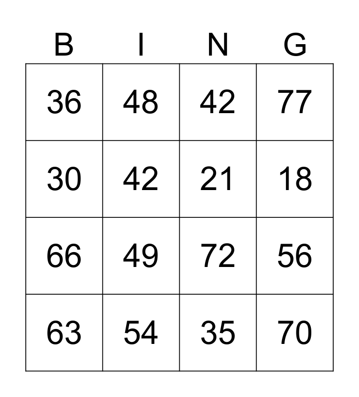 Squares Bingo Card