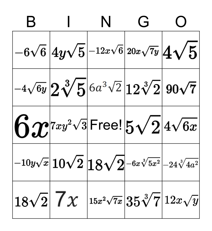 Adding, Subtracting and Multiplying Radicals Bingo Card