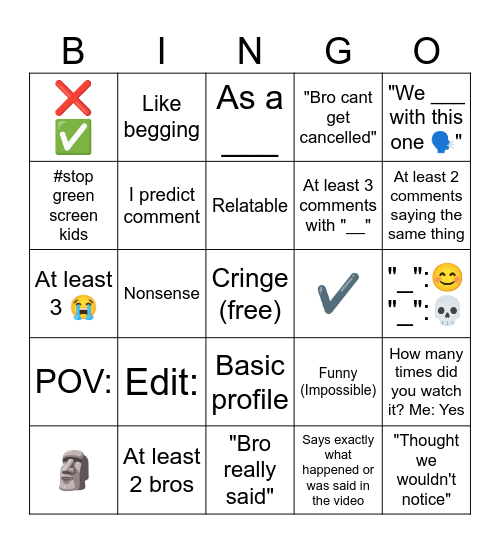 YouTube Shorts Comments Bingo Card