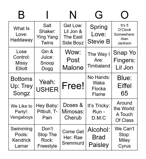 Party Songs Bingo Card