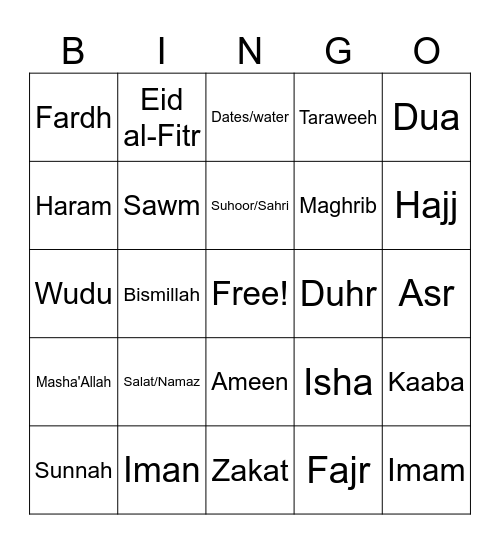 Ramadan Bingo Card