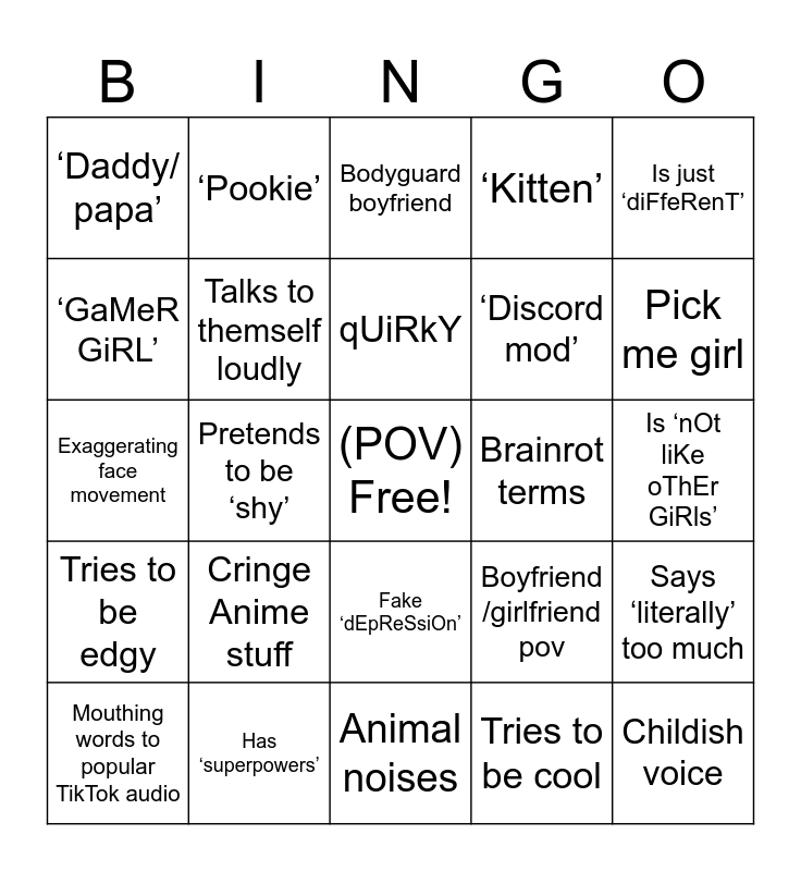 Cringe TikTok POVs Bingo Card