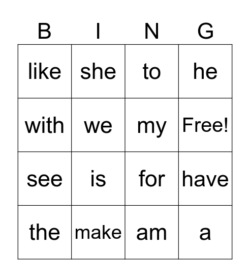 Unit 1 HFW Board 1 Bingo Card