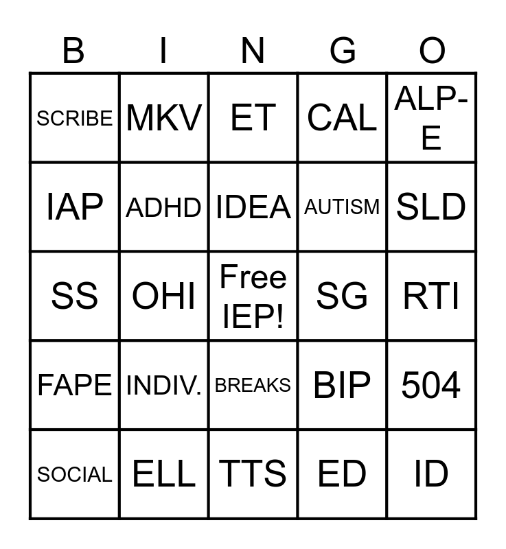 SPED Accommodations and Abbreviations Bingo Card