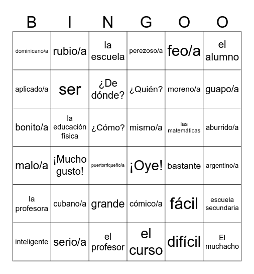 Ch 1 Vocabulario Bingo Card
