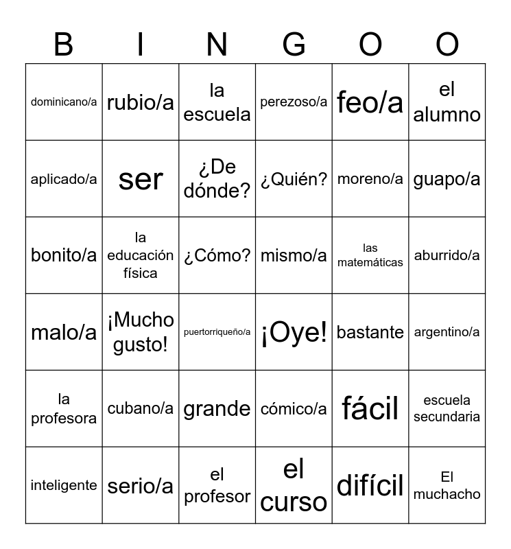 Ch 1 Vocabulario Bingo Card