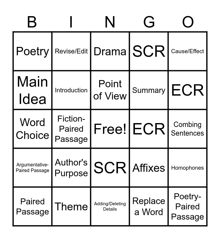 ELAR STAAR Review Bingo Card