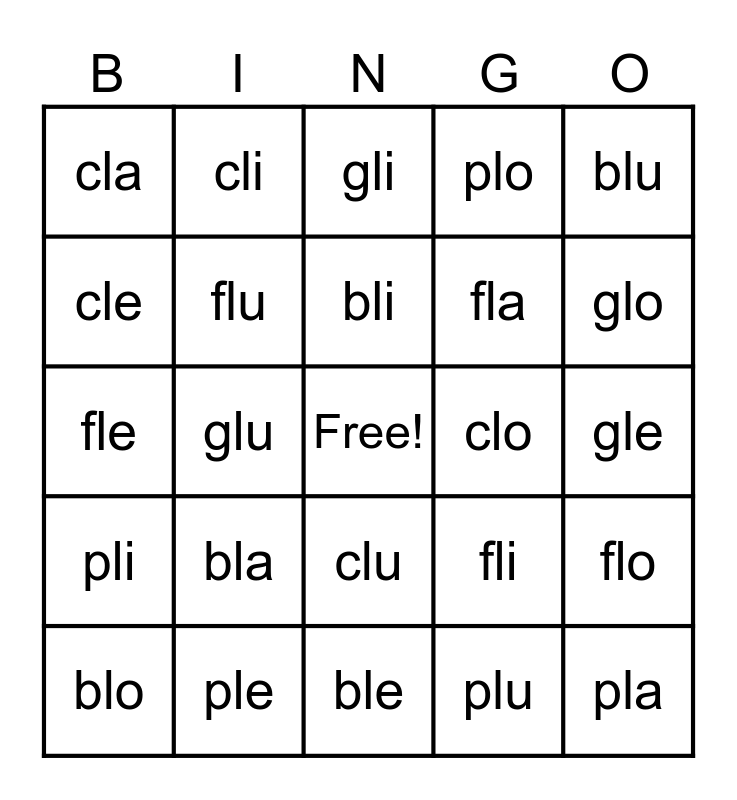 Silabas trabadas Bingo Card