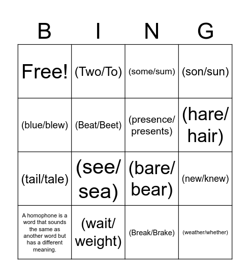 Homophone Bingo Card