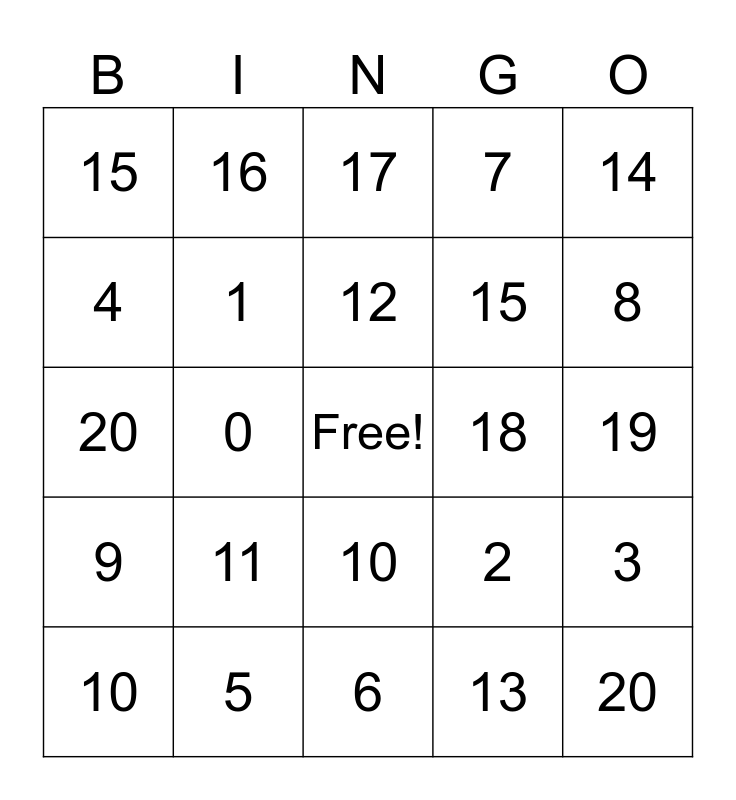 Numbers 1-20 Bingo Card