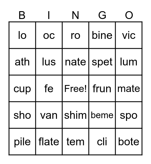 Syllable Bingo Card