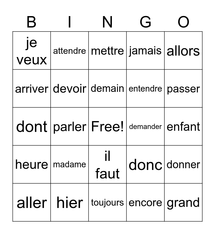 mots frequents #2 Bingo Card