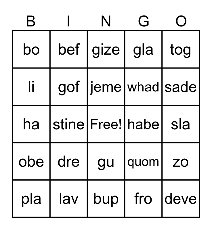 Syllable Bingo Card