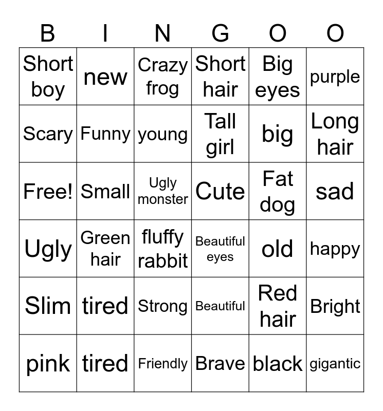 Adjective Bingo Card