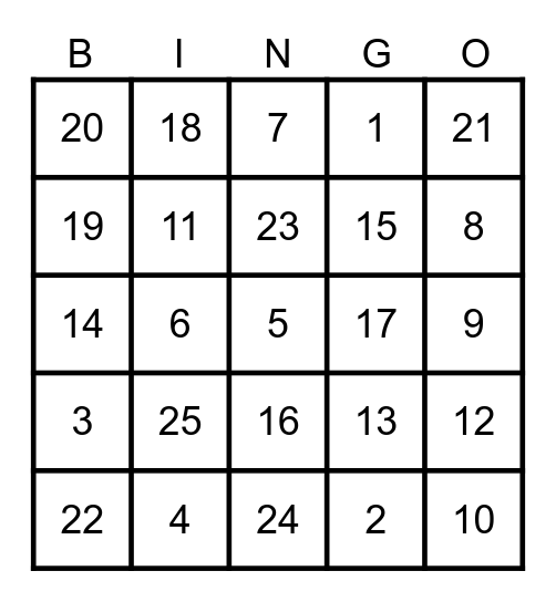 Le Bingo des nombres Bingo Card