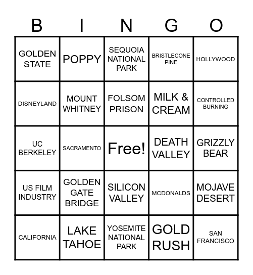 CALIFORNIA Bingo Card