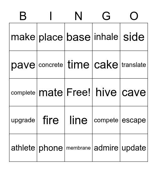 Silent e words Bingo Card