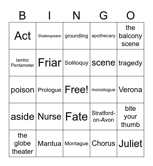 Romeo and Juliet Bingo Card