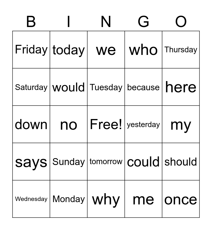 Tricky Word Bingo Card