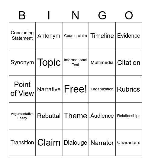 Writing Bingo Card