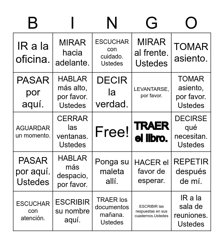 Usted and Ustedes Commands Bingo Card