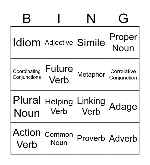 Parts of Speech BINGO Card