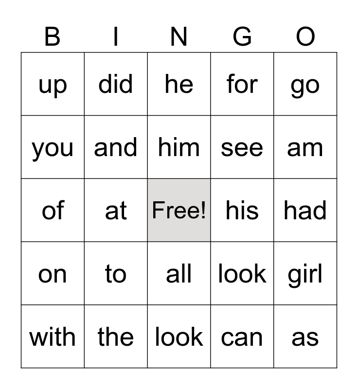 Kindergarten Sight Words Bingo Card