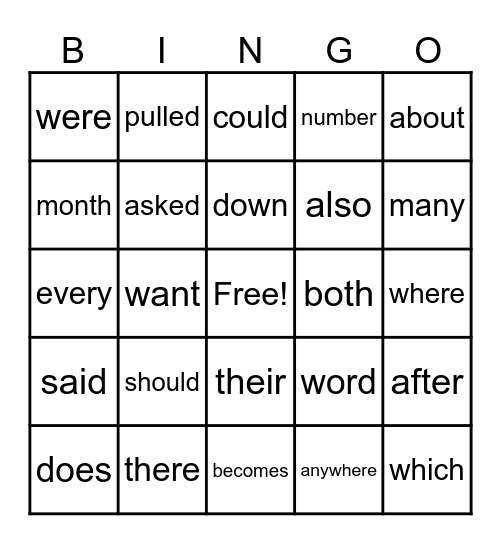 High Frequency Word Bingo Card