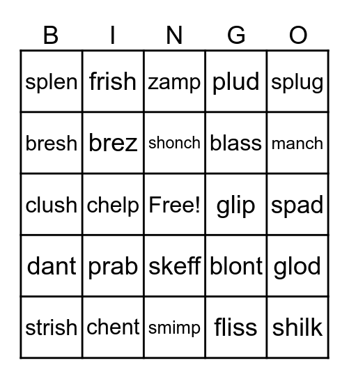 Beginning and ending blends nonsense words Bingo Card