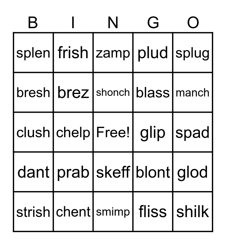 Beginning and ending blends nonsense words Bingo Card
