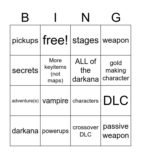 Vampire Survivors Bingo Card