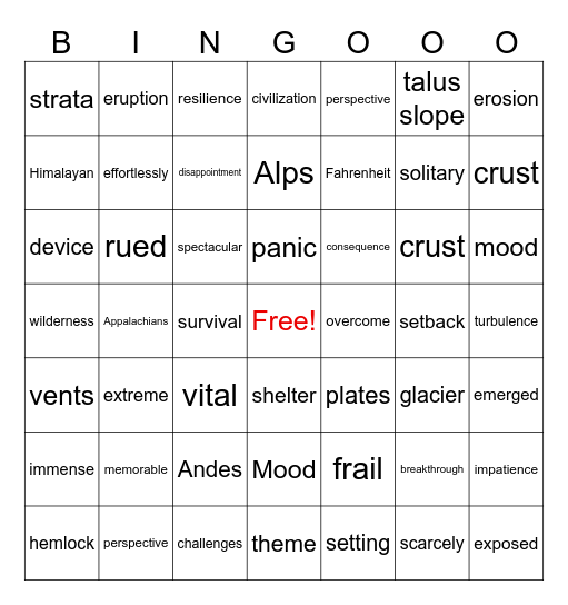 Musical Words: Extreme Settings Bingo Card