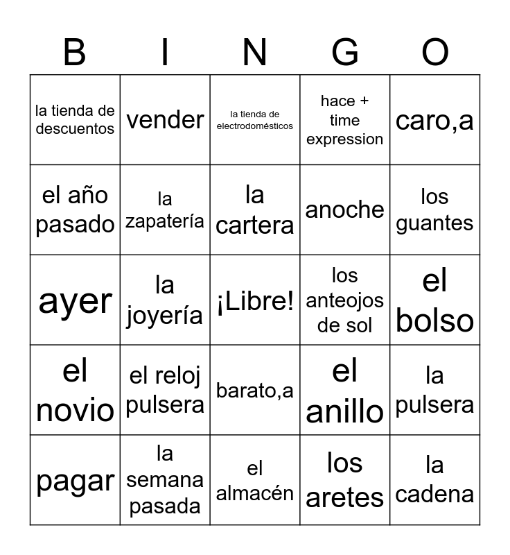 Realidades 1 7B Bingo Card