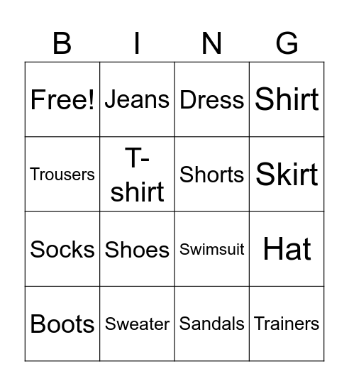 Clothing Vocabulary Bingo Card