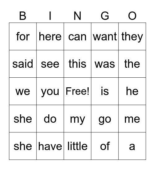 Heart Word Bingo - kindergarten Bingo Card