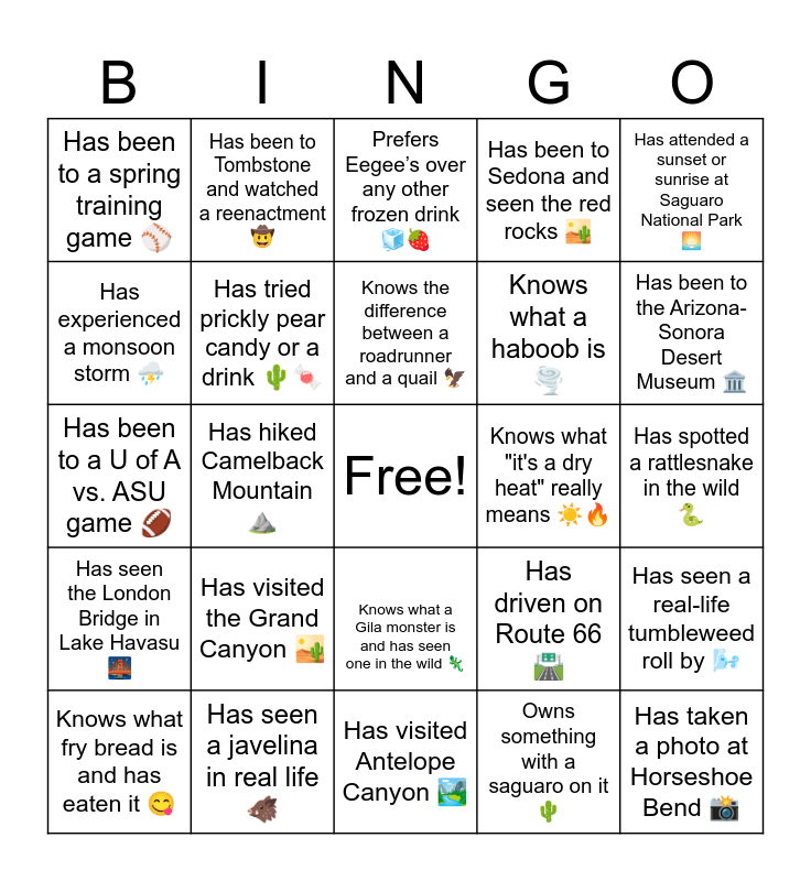 Arizona Themed Bingo Card Bingo Card
