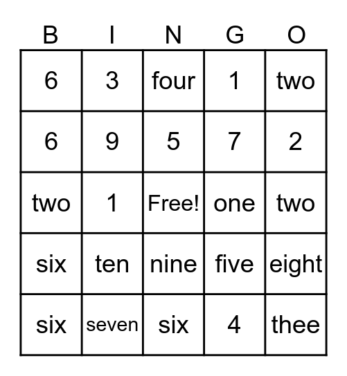Number 1~10 bingo Card