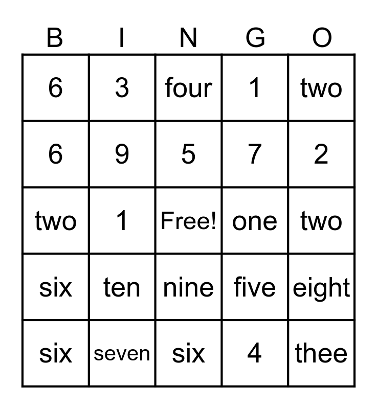 Number 1~10 bingo Card