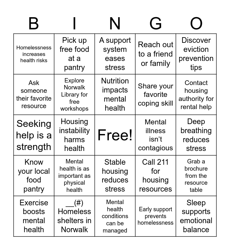 Mental Health Wellness Bingo Card