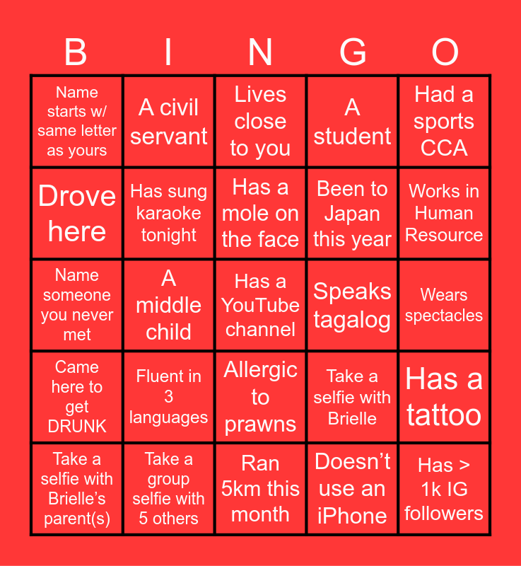 First 5 winners get a prize! Remember the names for each box! Bingo Card