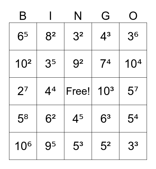 Exponent Bingo Card