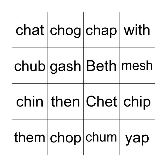 Digraph CH Bingo Card