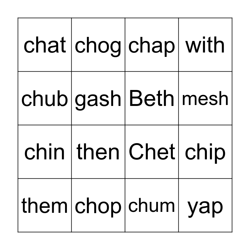 Digraph CH Bingo Card