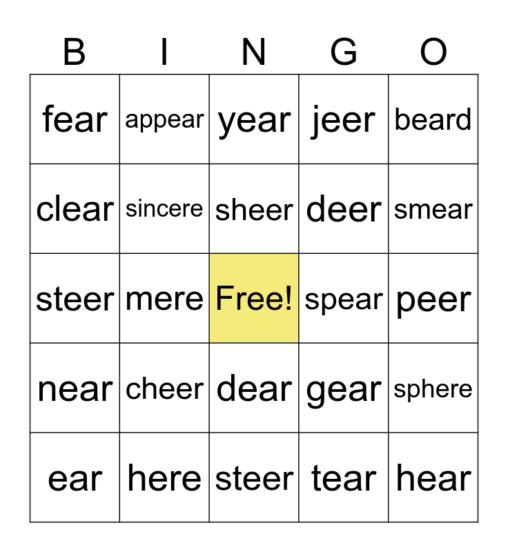 eer, ear, ere Bingo Card