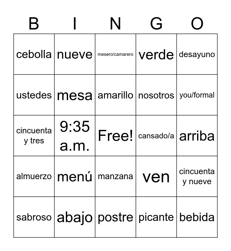 Sp.2-Comida Bingo Card