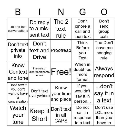 TEXTING BINGO Card